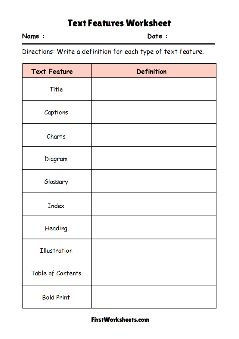 Text Features Worksheets | FirstWorksheets